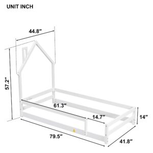 Maotifeys Twin Size Wood Floor Bed Frame with House-Shaped Headboard and Fence, Twin Size Platform Bed Frame Floor Bed for Kids, Low to Ground Height, No Box Spring Needed (White)