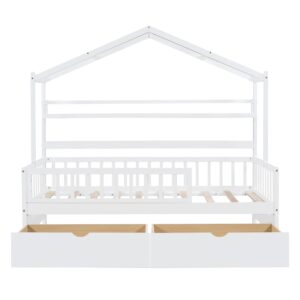 Harper & Bright Designs Twin House Bed with 2 Storage Drawers, Kids Twin Platform Bed Frame with Storage Shelves, Fence and Roof, Tent Bed, Wood Playhouse Bed Twin for Kids Teens Girls & Boys (White)