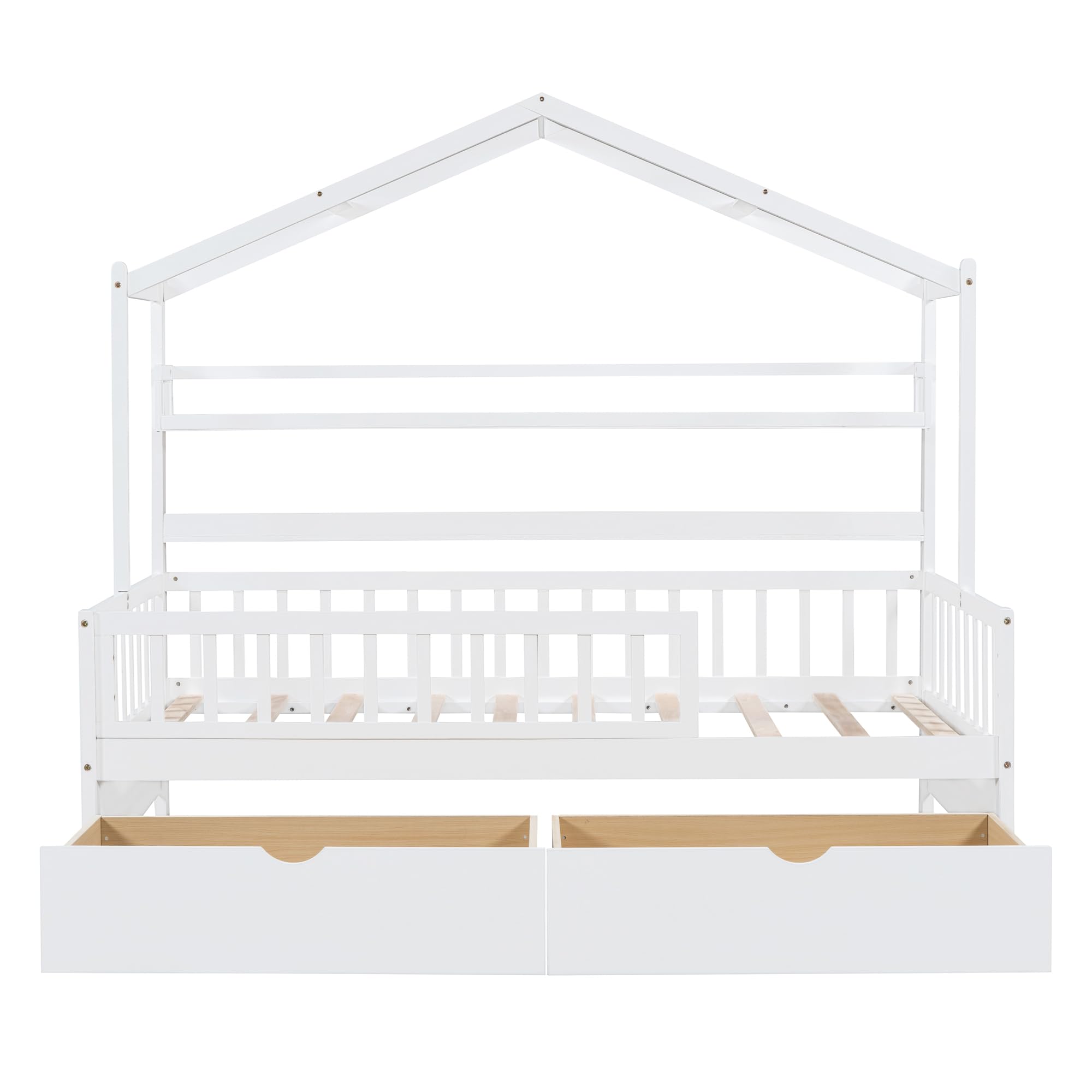 Harper & Bright Designs Twin House Bed with 2 Storage Drawers, Kids Twin Platform Bed Frame with Storage Shelves, Fence and Roof, Tent Bed, Wood Playhouse Bed Twin for Kids Teens Girls & Boys (White)