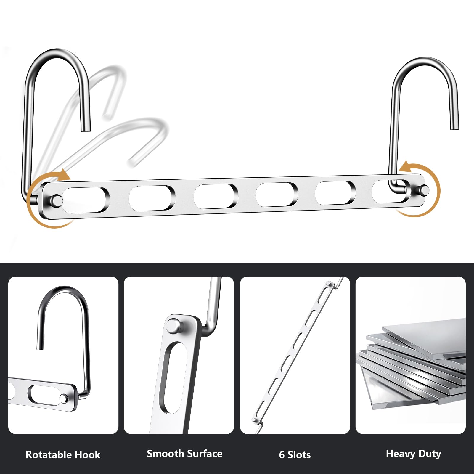 JuneHeart 6 Pack Space Saving Hangers for Clothes, Horizontal and Vertical Use, Sturdy Metal Collapsible Hangers Magic Multi Hangers for Dorm Closet Storge and Organization (Silver, 6)