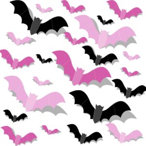 pink bats for wall halloween 3d bats blush and black diy wall decal bathroom indoor cute halloween party decorations, pastel halloween, pvc wall bat stickers for home (48pcs)