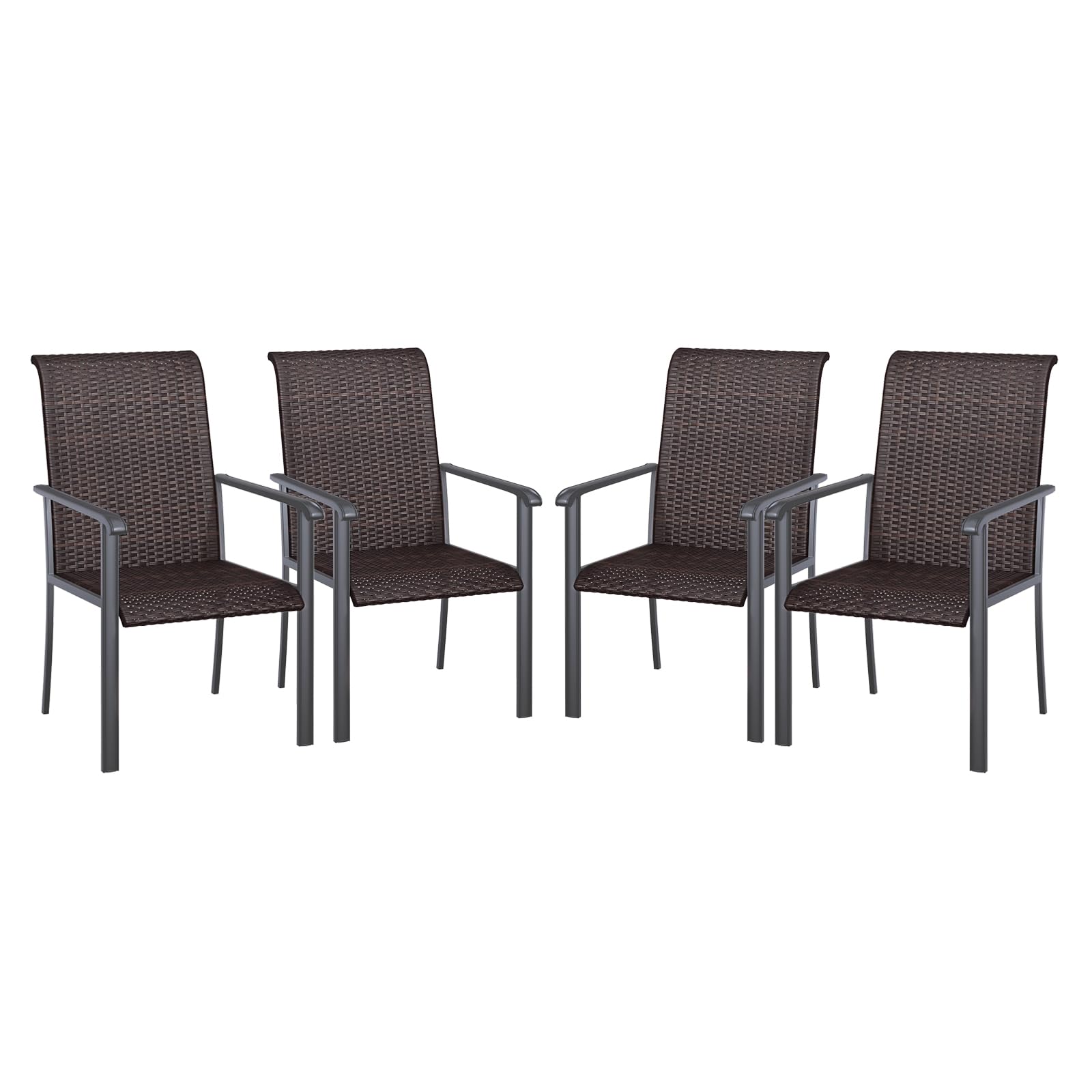 VICLLAX Patio Rattan Dining Chairs Set of 4, Outdoor High Back Wicker Dining Chairs for Garden Deck Yard Front Porch, Dark Grey Frame/Brown Back& Seat