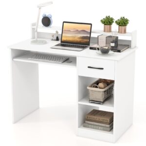 ifanny computer desk, office desk with drawers, hutch, keyboard tray & adjustable shelf, small desk with storage, modern home office desks, white desk for bedroom, living room, study (white)