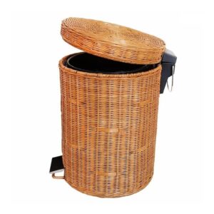 wicker trash can with lid bathroom, removable liner bucket wastebasket, slow down silent pedal garbage bin with lid, round rattan garbage can trash bin for bathroom living room kitchen ( color : yello