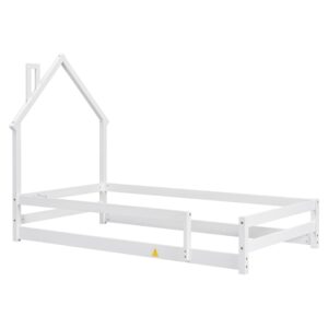 Maotifeys Twin Size Wood Floor Bed Frame with House-Shaped Headboard and Fence, Twin Size Platform Bed Frame Floor Bed for Kids, Low to Ground Height, No Box Spring Needed (White)