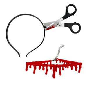 lzaoa 2 pcs halloween fake knife through head headbands kit, fake scissor headband and fake blood necklace set, theme party costume