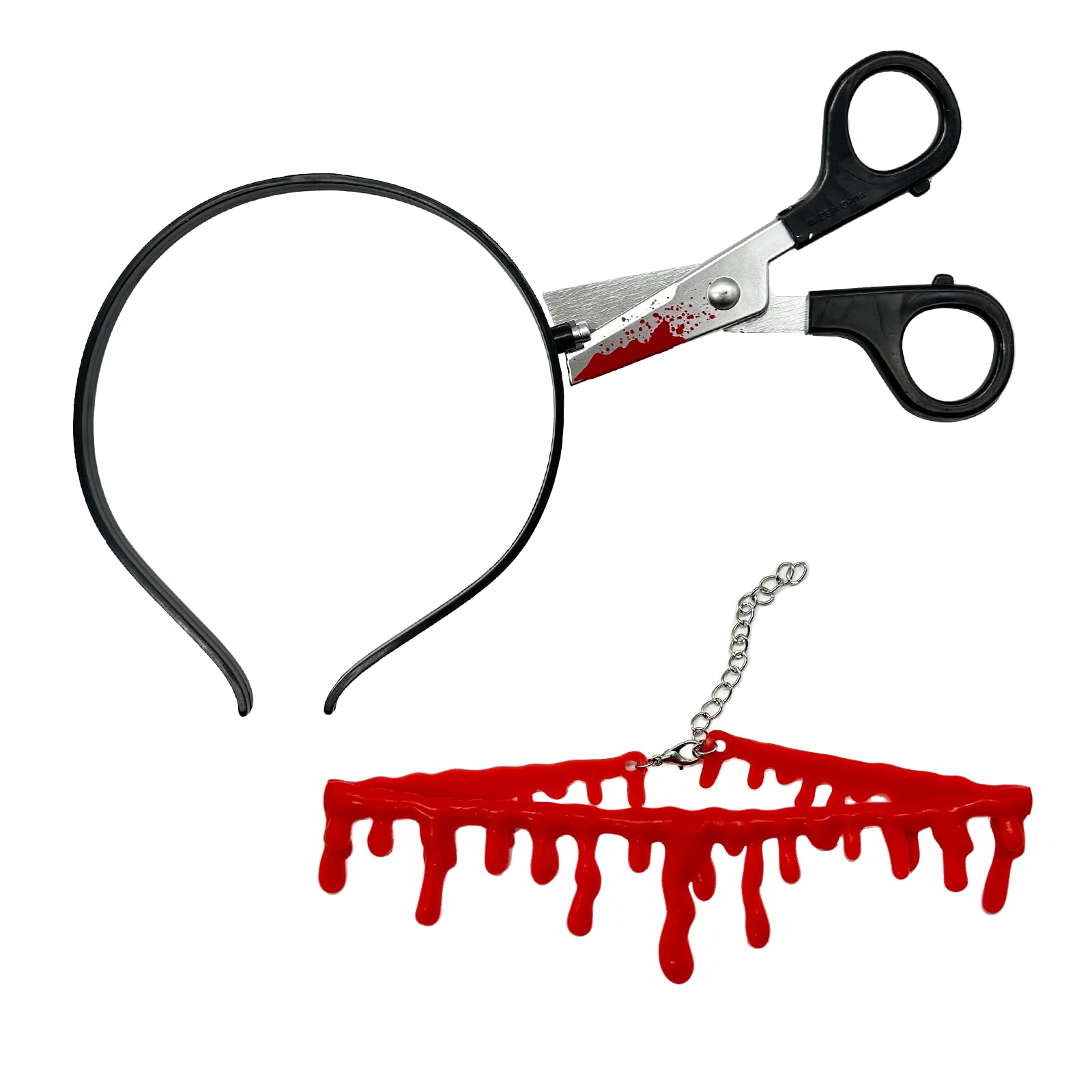 LZAOA 2 Pcs Halloween Fake Knife Through Head Headbands Kit, Fake Scissor Headband and Fake Blood Necklace Set, Theme Party Costume