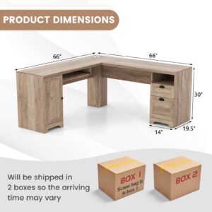 Tangkula 66" x 66" L-Shaped Office Desk with Keyboard Tray, Spacious Corner Computer Desk with Storage Drawers & Cabinet, Home Office Desk Executive Office Desk, Space-Saving Computer Workstation