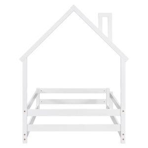 Maotifeys Twin Size Wood Floor Bed Frame with House-Shaped Headboard and Fence, Twin Size Platform Bed Frame Floor Bed for Kids, Low to Ground Height, No Box Spring Needed (White)