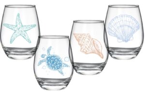 ocean themed stemless wine glasses, set of 4 seashore glassware - sea turtle, starfish, seashell, conch shell assortment, gifts for coastal beach sea lovers, birthday gifts for women mothers day