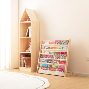 Wooden Bookshelf for Kids Wood Bookrack Canvas Book Storage Shelf Display Bookshelf 6 Tier Kids Book Rack for Bedroom Living Room Playroom Storage Organizer Natural (29.52" L x 11.81" W x 31.10" H)