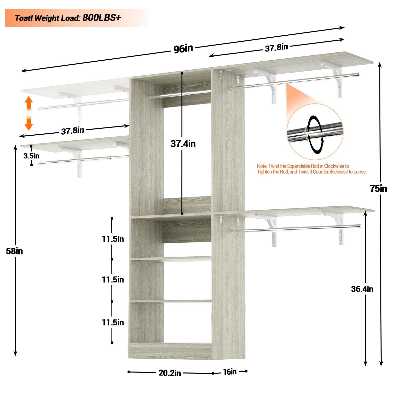 Armocity 96'' Closet System, 8FT Walk In Closet Organizer with 3 Shelving Towers, Heavy Duty Bedroom Wardrobe with 5 Shelves, Wall Mounted Clothes Rack (Can Be Cut To Fit), 96"L x16"W x75"H, White Oak