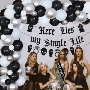 Gothic Bachelorette Party Decorations, Here Lies My Single Life Rip to My Single Life Halloween Bridal Shower Engagement Wedding Decor - Black Silver Balloons Garland Arch Kit Sash Banner