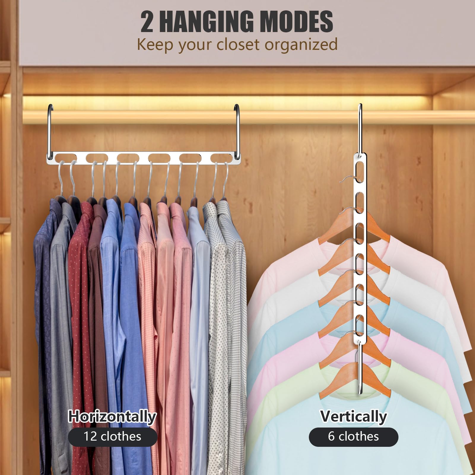 JuneHeart 6 Pack Space Saving Hangers for Clothes, Horizontal and Vertical Use, Sturdy Metal Collapsible Hangers Magic Multi Hangers for Dorm Closet Storge and Organization (Silver, 6)