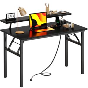 need 39 inch small folding computer desk with power outlets & monitor shelf study desk gaming desk with led lights cup holder & headphone holder,black