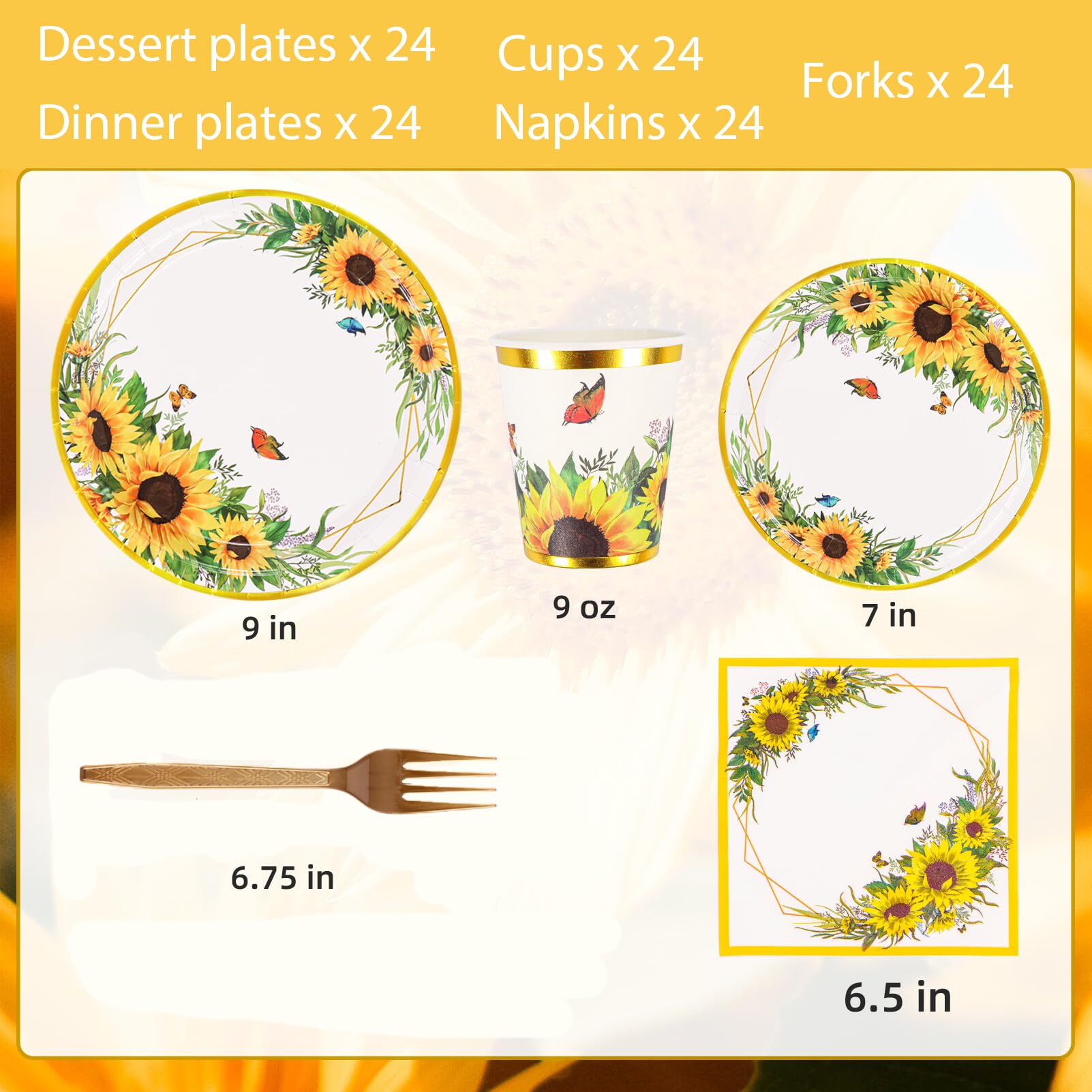 Sunflower Party Supplies, Sunflower Plates and Napkins Set, Disposable Sunflower Plates, Party Cups, Napkins and Cutlery for Birthday, Baby Shower, Bridal Shower, Sunflower Party Decorations Serves 24