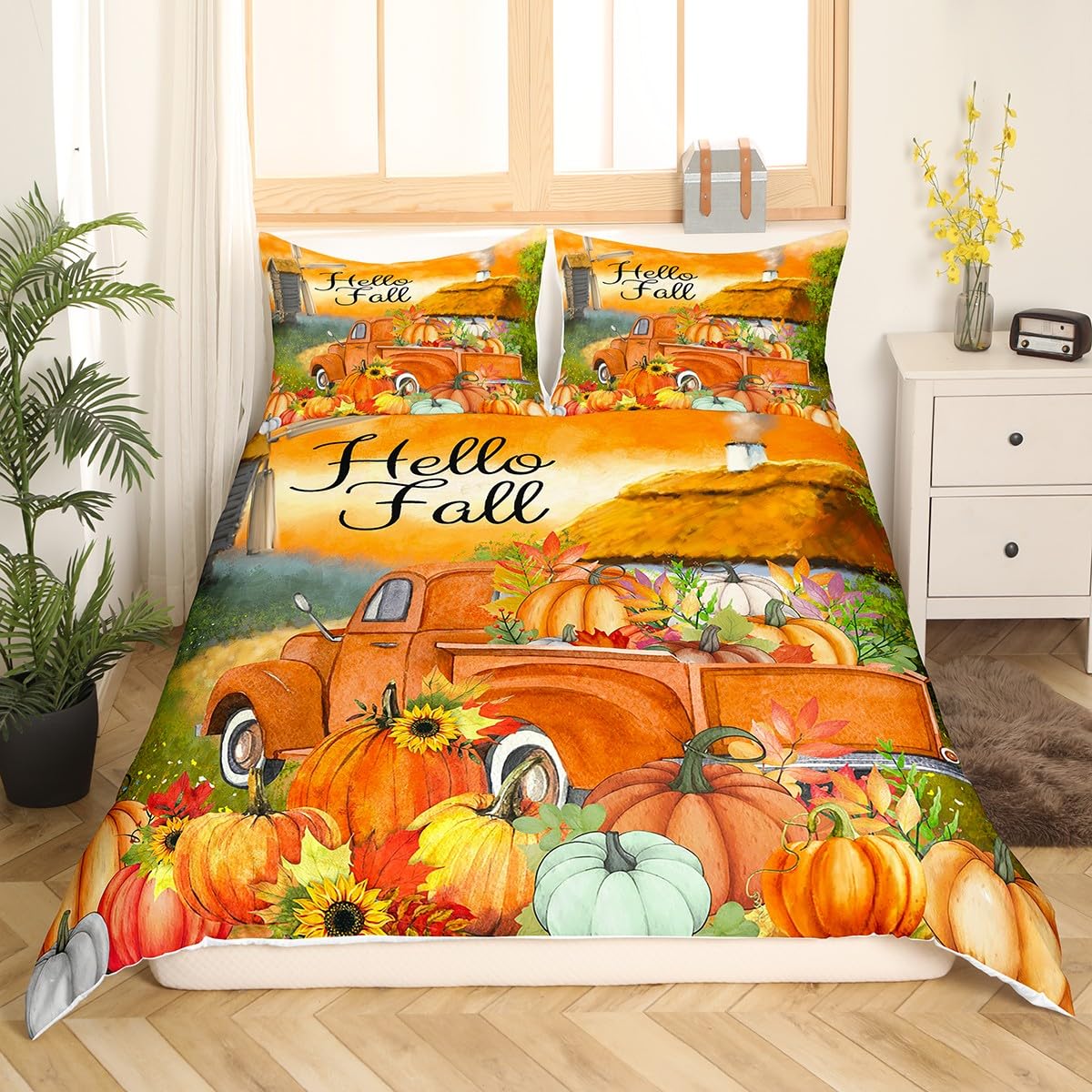 Hello Fall Bedding Set Rustic Farm Maple Leaf Pumpkin Sunflower Duvet Cover King Size Autumn Harvest Comforter Cover Fall Season Bedspread Cover Happy Fall Y'All Bedding Thanksgiving Day Gifts