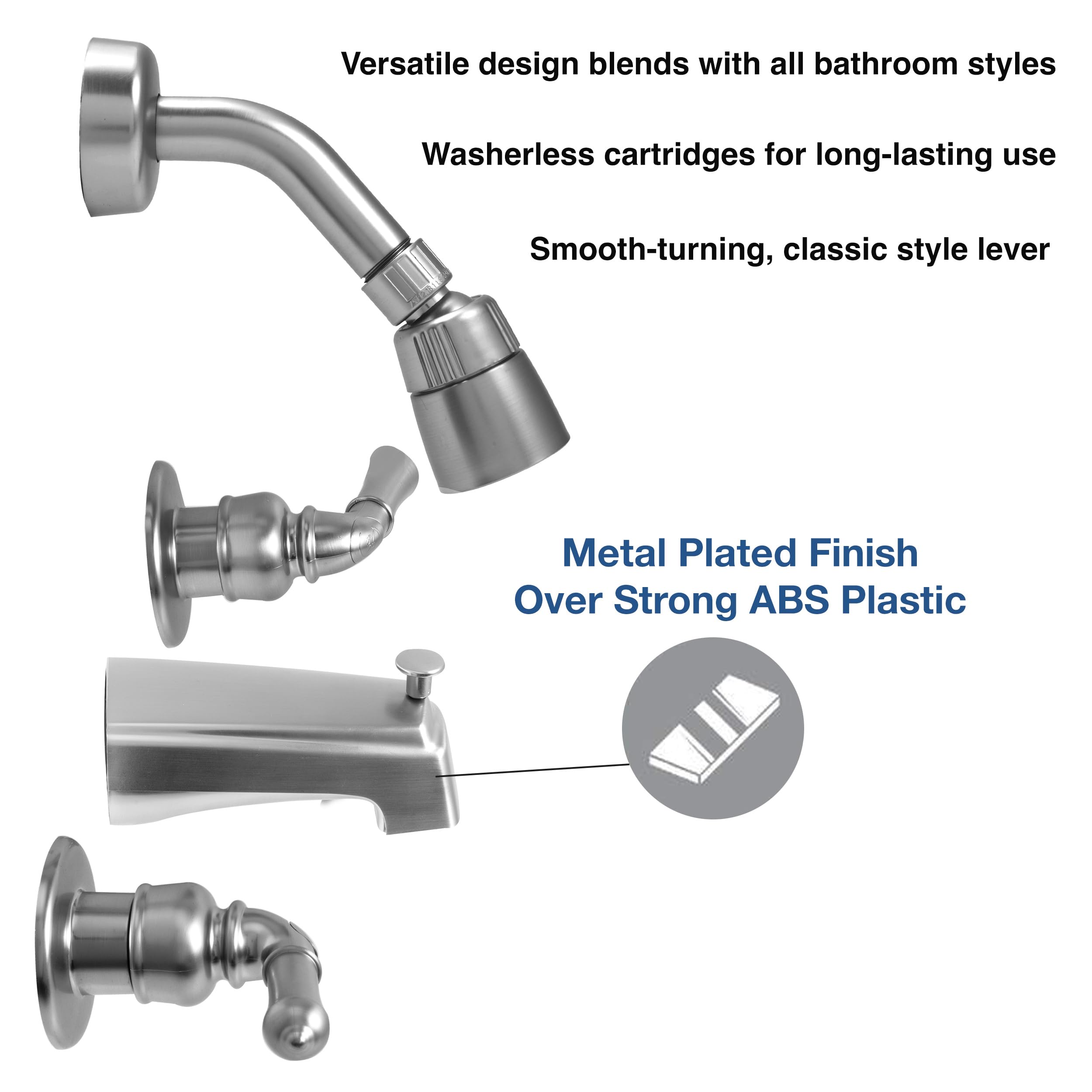 Pacific Bay Tub and Widespread Shower Faucet Trim Kit - Non-Metallic High Grade ABS Plastic Construction - Brushed Satin Nickel Finish