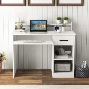 IFANNY Computer Desk, Office Desk with Drawers, Hutch, Keyboard Tray & Adjustable Shelf, Small Desk with Storage, Modern Home Office Desks, White Desk for Bedroom, Living Room, Study (White)