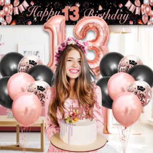 13th Birthday Decorations for Girls, Rose Gold 13th Happy Birthday Banner with Balloons Cake Topper ,Official Teenager Birthday Decorations, 13 Year Old Girl Birthday Backdrop Yard Sign Party Supplies