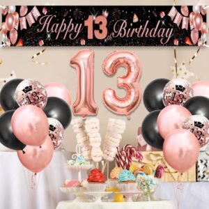 13th Birthday Decorations for Girls, Rose Gold 13th Happy Birthday Banner with Balloons Cake Topper ,Official Teenager Birthday Decorations, 13 Year Old Girl Birthday Backdrop Yard Sign Party Supplies