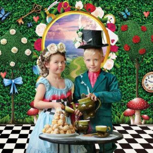 Wonderland Backdrop for Photography Wonderland Tea Party Decorations 8x6FT Fairy Tale Castle Rabbit Green Leaf Birthday Background for Kids Baby Shower Newborn Portrait Photo Props