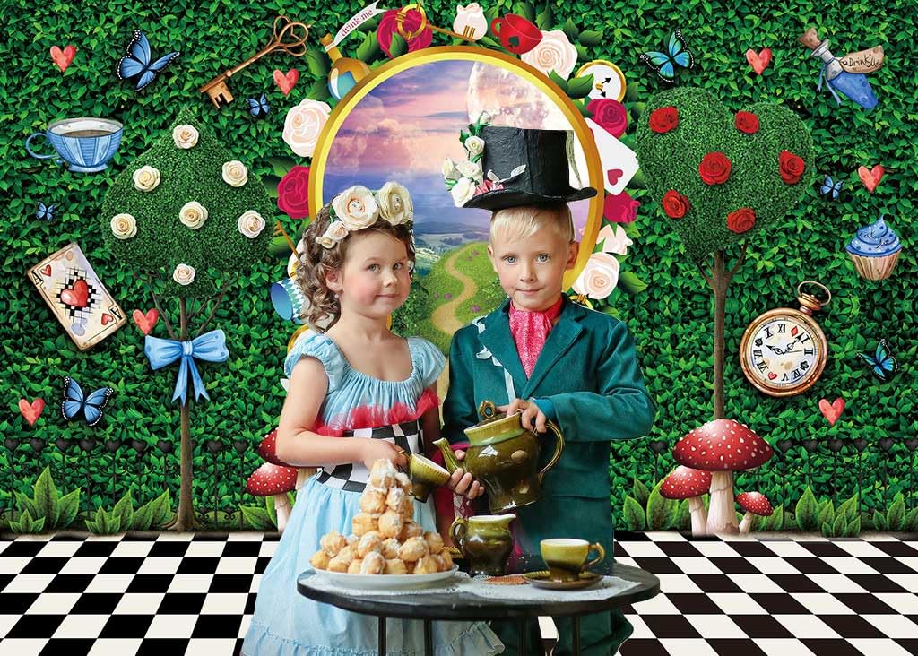 Wonderland Backdrop for Photography Wonderland Tea Party Decorations 8x6FT Fairy Tale Castle Rabbit Green Leaf Birthday Background for Kids Baby Shower Newborn Portrait Photo Props