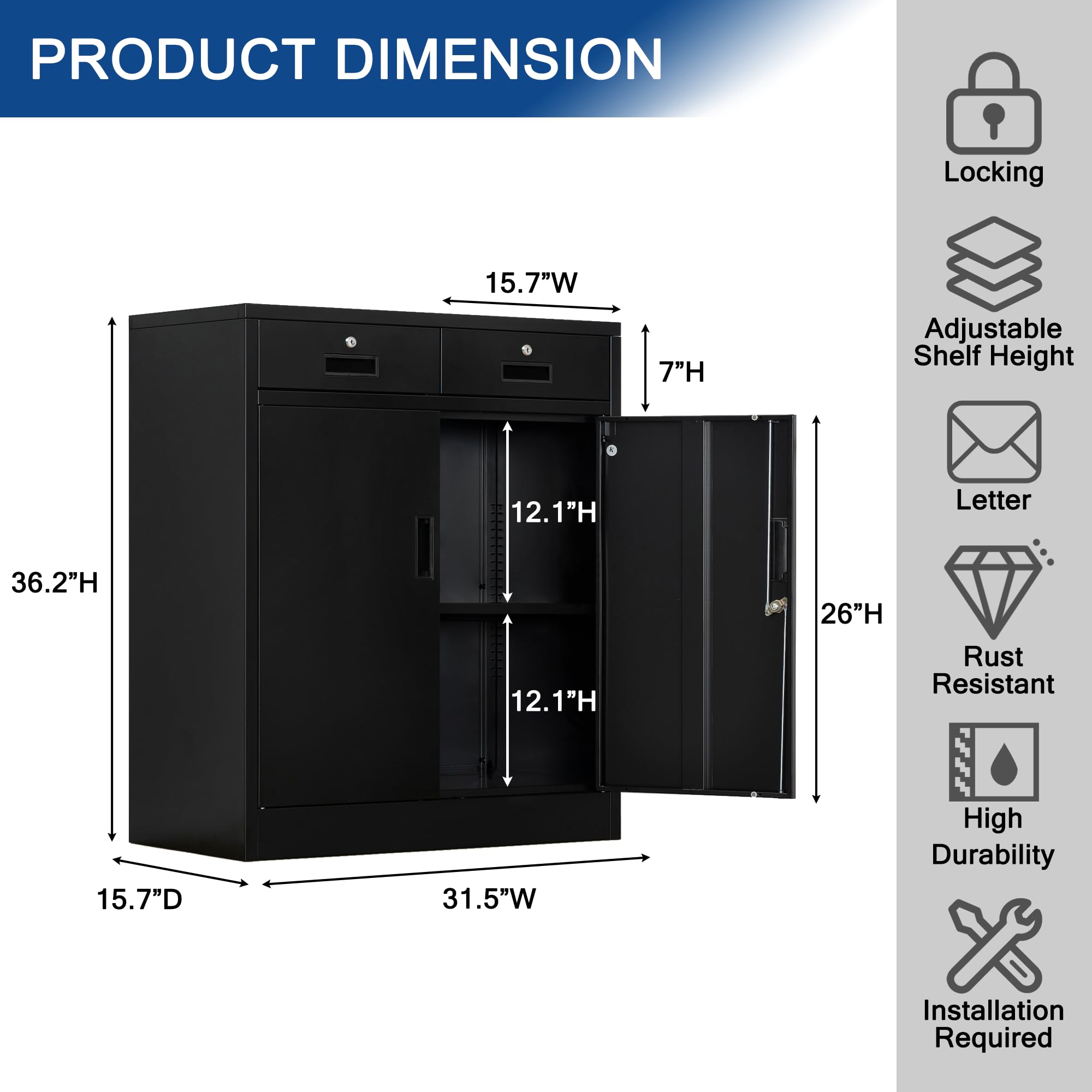 TaskStorz Metal Garage Storage Cabinets，Metal File Cabinet with 2 Locking Drawers, Lockable Storage Cabinets for Office, Home, Garage, Warehouse 36.2" H x 31.5" W x 15.7" D (Black)