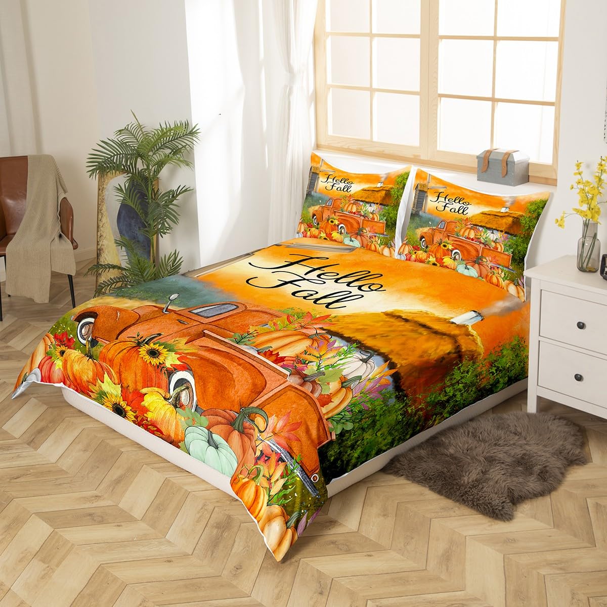 Hello Fall Bedding Set Rustic Farm Maple Leaf Pumpkin Sunflower Duvet Cover King Size Autumn Harvest Comforter Cover Fall Season Bedspread Cover Happy Fall Y'All Bedding Thanksgiving Day Gifts