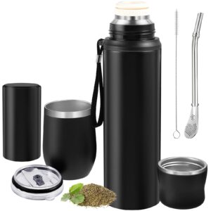 suclain 5 pcs complete yerba mate kit yerba mate cup 34 oz/1005 ml stainless steel thermal water bottle, tea can, bombilla and straw brush, for travel christmas gift father, black