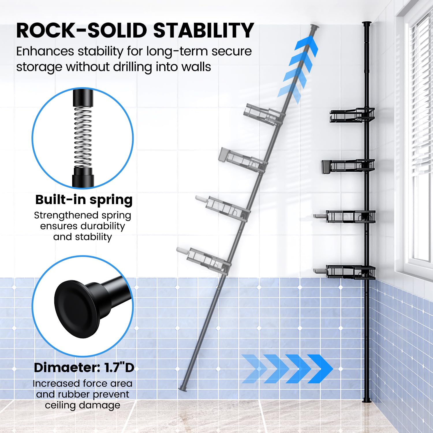 Aitatty Corner Shower Caddy Tension Pole: 4tier adjustable Rustproof Bathroom Organizer Shelves - Bathtub shampoo rack 43.5-120 inch