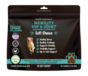 vitamin paws mobility hip and joint chews for dogs maximum strength | joints health supplement with glucosamine, chondroitin, msm, turmeric, green lipped mussels, wild alaskan salmon oil, omega 3