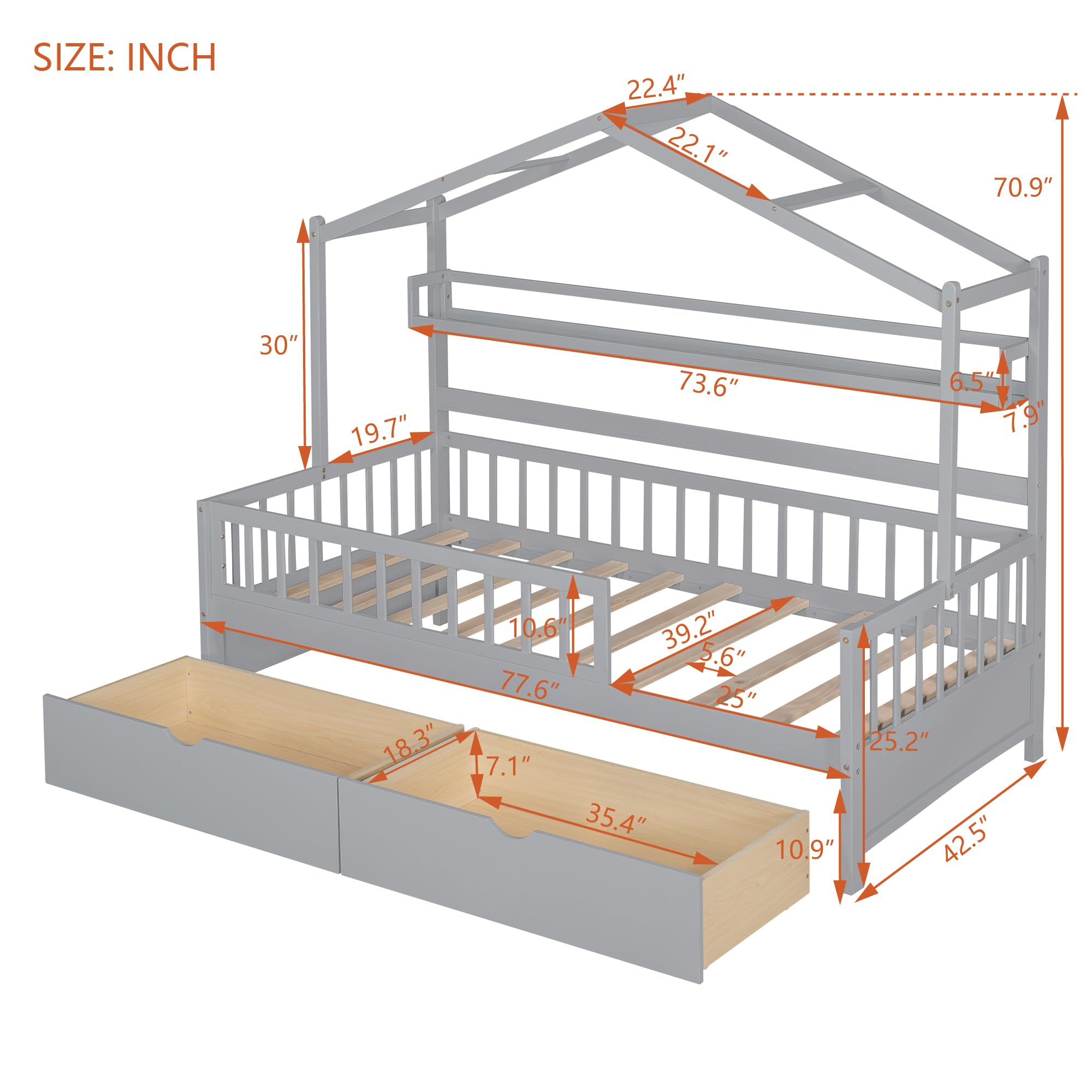 Harper & Bright Designs Twin House Bed with 2 Storage Drawers, Kids Twin Platform Bed Frame with Storage Shelves, Fence and Roof, Tent Bed, Wood Playhouse Bed Twin for Kids Teens Girls & Boys (Gray)