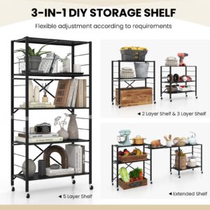 GOFLAME 5-Tier Folding Storage Shelf, Adjustable Shelves with Wheels, Detachable Shelving Unit, Large Capacity, Storage Rack for Garage, Kitchen, Balcony, Living Room, Black