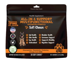 all-in-1 multivitamin dog vitamins and supplements | soft chews with probiotics, turmeric, glucosamine, omega fish oil, digestive enzymes for hip and joint support, skin and coat health