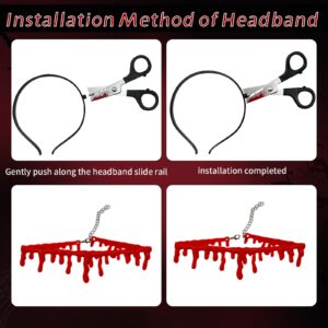 LZAOA 2 Pcs Halloween Fake Knife Through Head Headbands Kit, Fake Scissor Headband and Fake Blood Necklace Set, Theme Party Costume