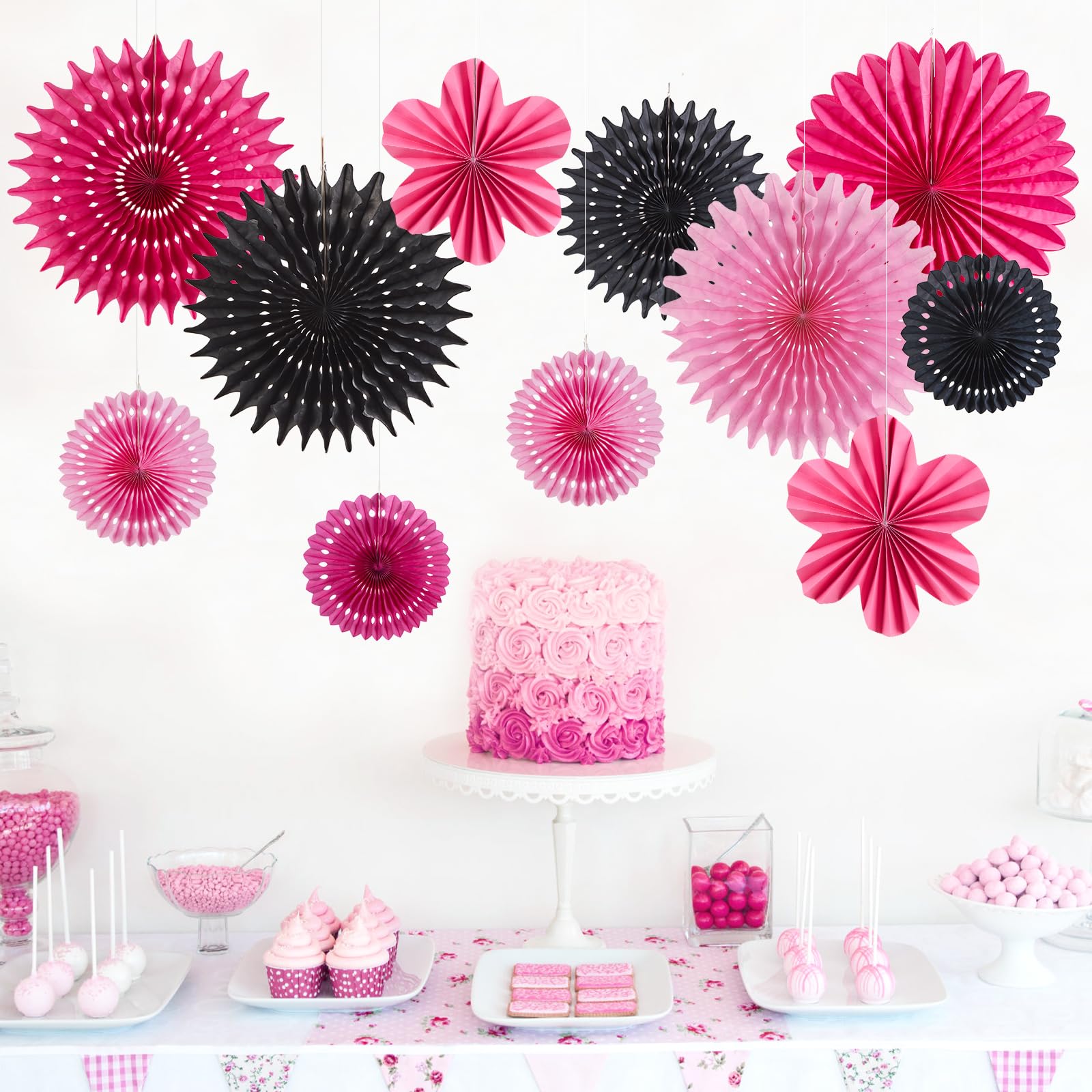 Balun Admhail 11PCS Hanging Paper Fans Decorations Pink Black Birthday Party Decorations for Girls Sweet 16 18 21st Paris Birthday Bridal Shower Wedding Bachelorette Galentine's Party Decor Supplies