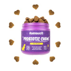 probiotics for dogs，dog probiotics and digestive enzymes，health and immune support. relieves constipation, bad breath, flatulence and upset stomach. veterinarian developed,120 chews, duck flavor.