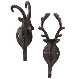 whw whole house worlds old forge stag and ram head wall hooks, set of 2, artisan crafted, hand cast aluminum, rustic brown, 8.25 inches