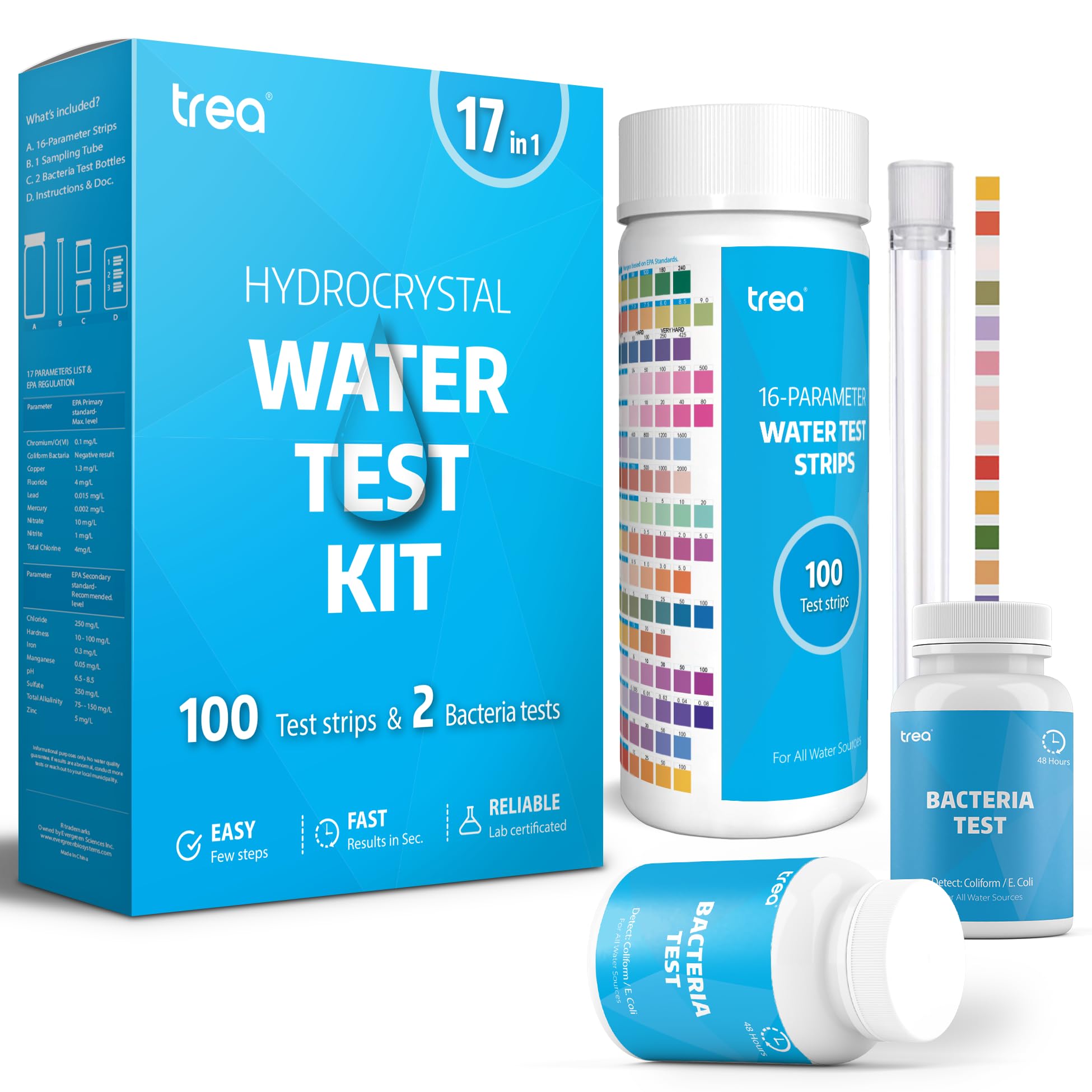 TREA 17 in 1 Drinking Water Test Kit - Comprehensive Water Quality Analysis Includes pH, Hardness, Chlorine, Fluoride, Lead, Iron, Copper, Coliform Bacteria and More for Home Tap and Well Water