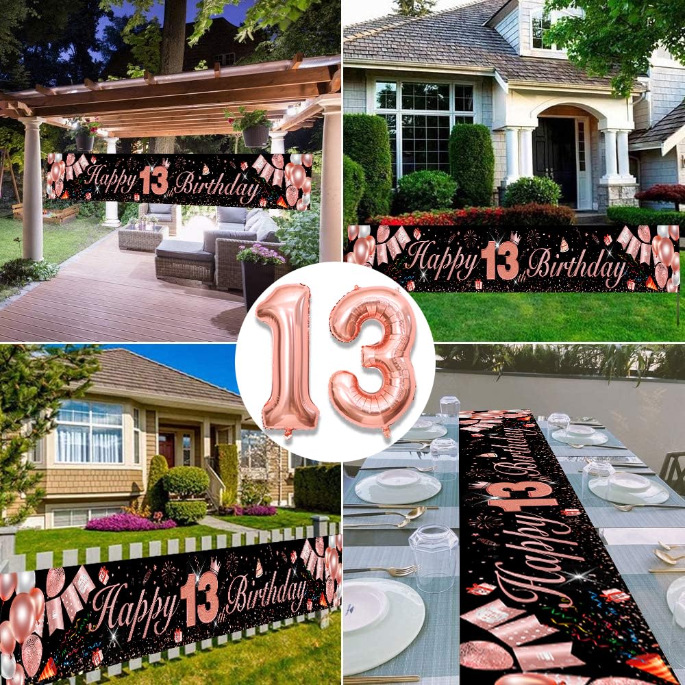 13th Birthday Decorations for Girls, Rose Gold 13th Happy Birthday Banner with Balloons Cake Topper ,Official Teenager Birthday Decorations, 13 Year Old Girl Birthday Backdrop Yard Sign Party Supplies