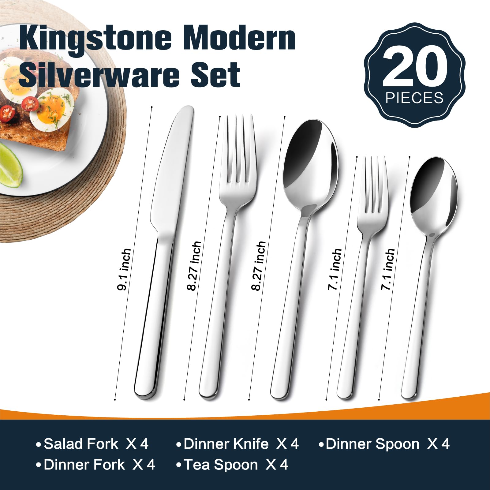 KINGSTONE Forged 20-Piece Silverware Set, 18/10 Stainless Steel Flatware Utensils Set for 4, Mirror Finish,Dishwasher Safe (Silver)