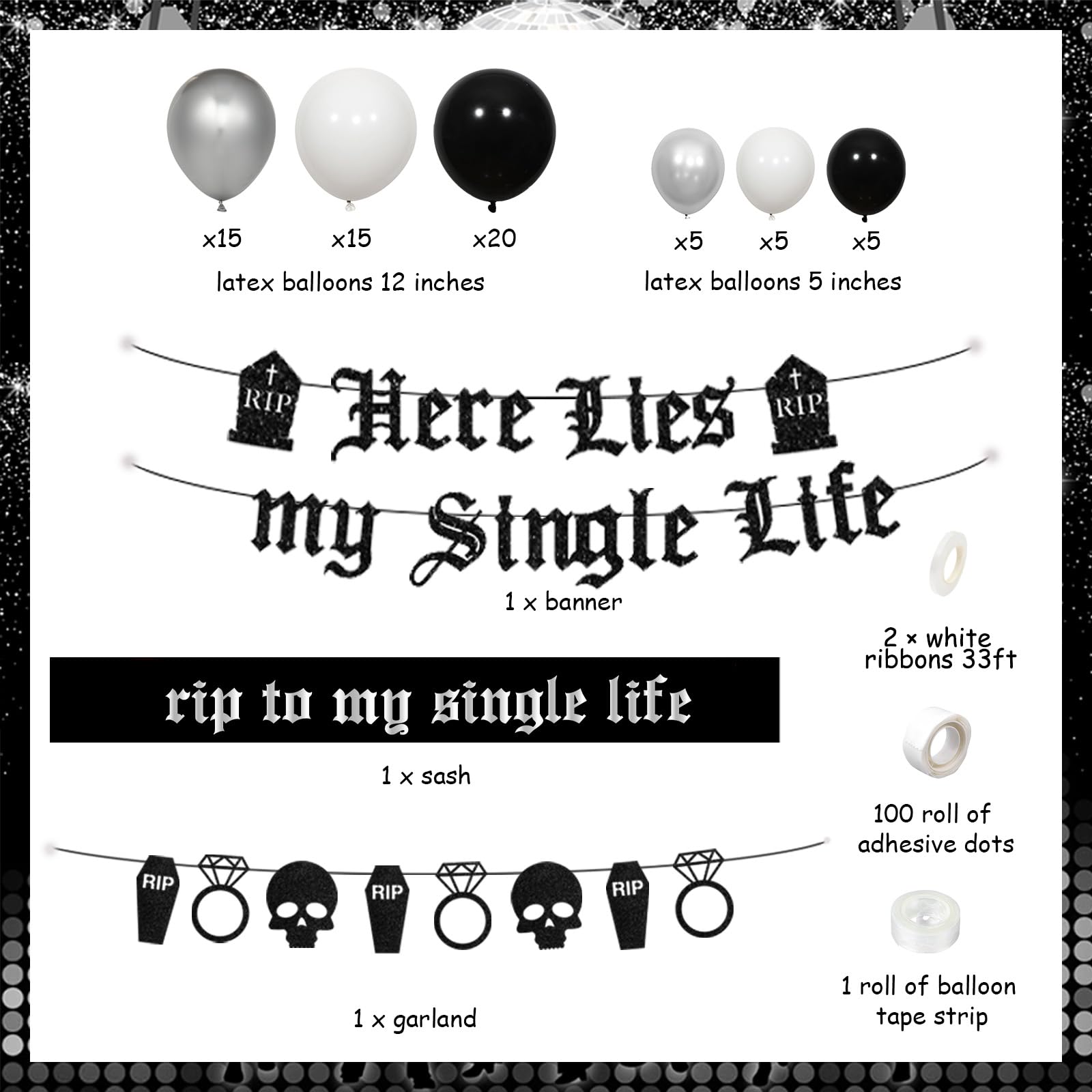 Gothic Bachelorette Party Decorations, Here Lies My Single Life Rip to My Single Life Halloween Bridal Shower Engagement Wedding Decor - Black Silver Balloons Garland Arch Kit Sash Banner