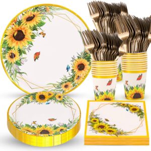 sunflower party supplies, sunflower plates and napkins set, disposable sunflower plates, party cups, napkins and cutlery for birthday, baby shower, bridal shower, sunflower party decorations serves 24