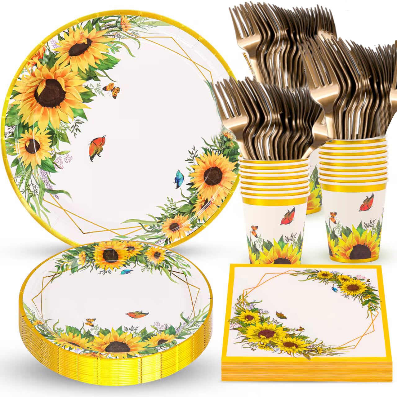 Sunflower Party Supplies, Sunflower Plates and Napkins Set, Disposable Sunflower Plates, Party Cups, Napkins and Cutlery for Birthday, Baby Shower, Bridal Shower, Sunflower Party Decorations Serves 24