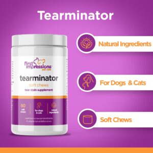 First Impressions Tearminator Soft Chews – Natural Dog Tear Stain Remover for Dogs, Eye Supplements for Dogs and Cats - Yummy Vision Bites for Dogs - 60 ct