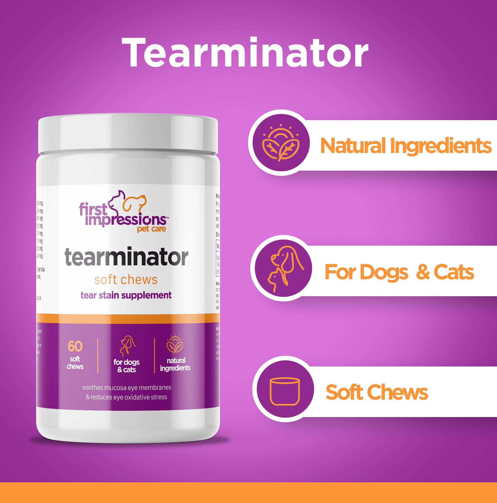 First Impressions Tearminator Soft Chews – Natural Dog Tear Stain Remover for Dogs, Eye Supplements for Dogs and Cats - Yummy Vision Bites for Dogs - 60 ct