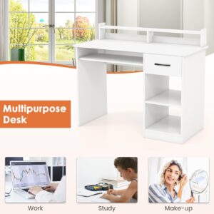 IFANNY Computer Desk, Office Desk with Drawers, Hutch, Keyboard Tray & Adjustable Shelf, Small Desk with Storage, Modern Home Office Desks, White Desk for Bedroom, Living Room, Study (White)