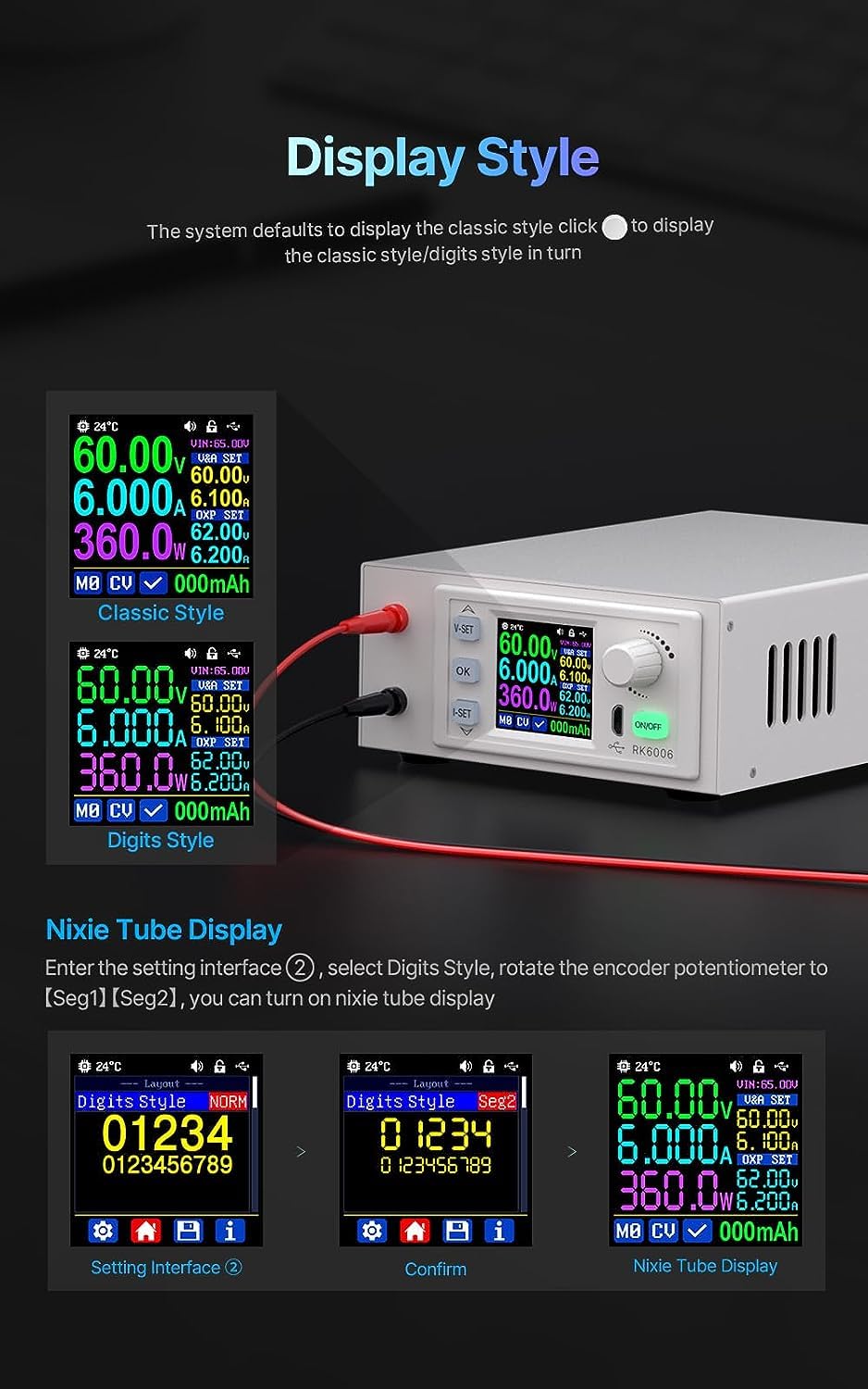 Digital Control RK6006-C 60V 6A 4 Digit Adjustable AC to DC Lab Bench Power Supply Regulator 360W