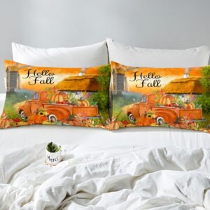 Hello Fall Bedding Set Rustic Farm Maple Leaf Pumpkin Sunflower Duvet Cover King Size Autumn Harvest Comforter Cover Fall Season Bedspread Cover Happy Fall Y'All Bedding Thanksgiving Day Gifts